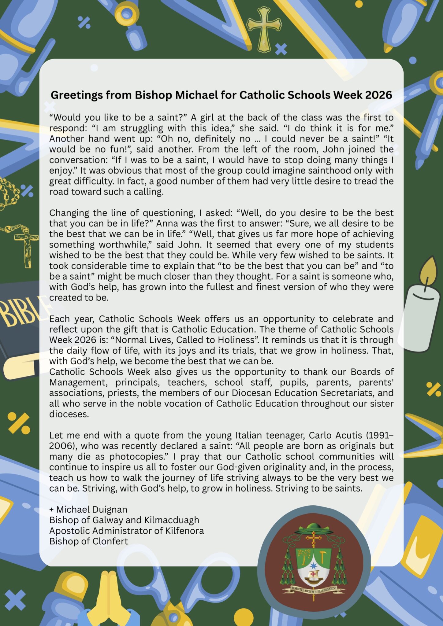 Bishop's Message for Catholic Schools Week 2026 - Diocese of Clonfert ...